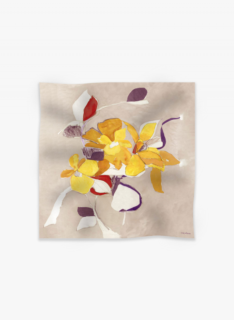 Yellow pure silk scarf with floral watercolor pattern | Cinzia Rocca
