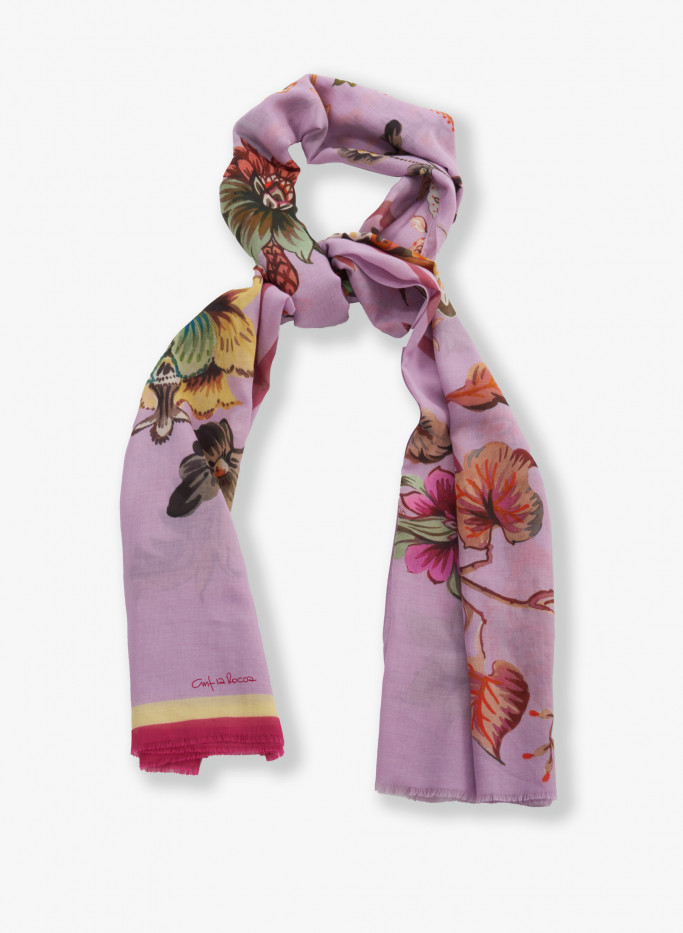 Maxi lilac color cotton scarf with tropical pattern | Cinzia Rocca