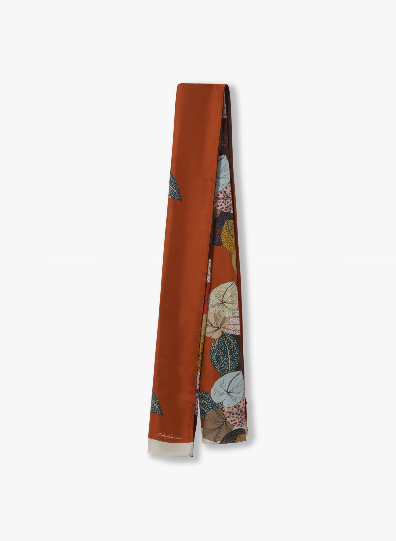 Tobacco color twill silk scarf with stylized plant pattern | Cinzia Ro