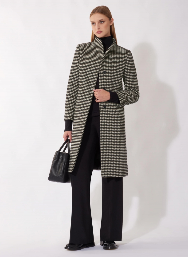 Black pure wool houndstooth coat with high stand up collar | Cinzia Ro