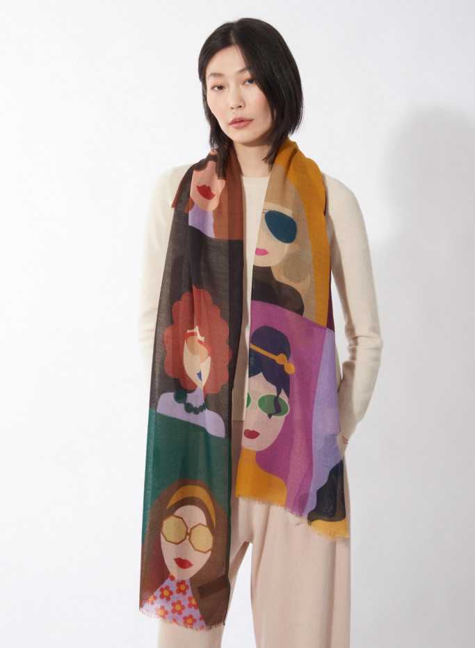 Blue wool scarf with stylized woman pattern | Cinzia Rocca
