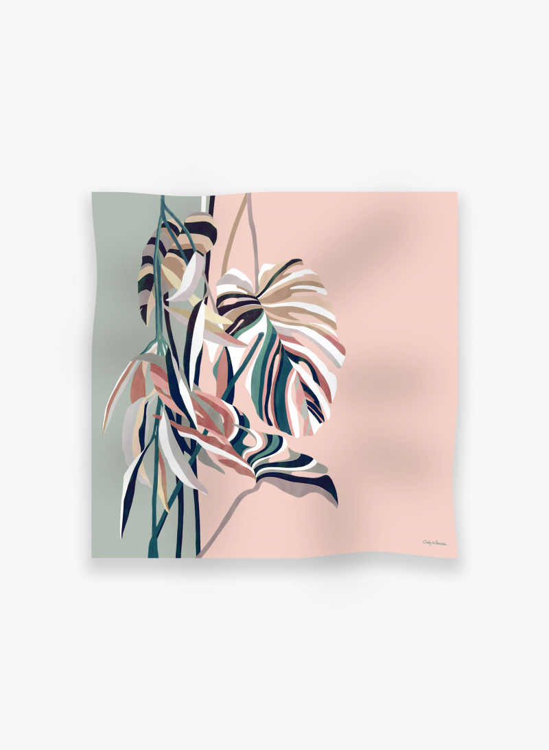 Pink twill silk scarf with stylized leaf pattern | Cinzia Rocca