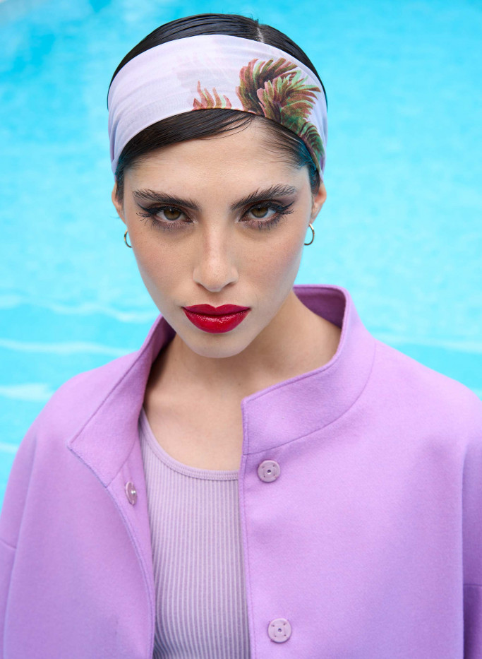 Lilac color pure silk scarf with tropical pattern | Cinzia Rocca