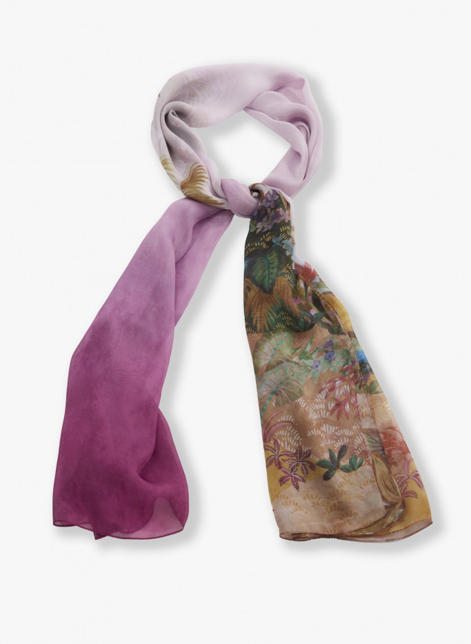 Lilac color pure silk scarf with tropical pattern | Cinzia Rocca